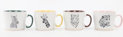China Minimal Safari Wild Animal Ceramic Mug 4-Piece Set, Two-Tone Rim Jungle Animal Sketch Coffee Cups for sale
