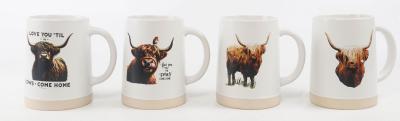 China Rustic Highland Cow Ceramic Mug 4-Piece Set, Farmhouse Cow Art Love Quote Coffee Mugs with Natural Clay Base for sale
