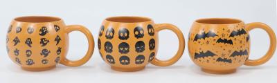 China Halloween Orange Round Bulb Ceramic Mug 3-Piece Set, Cute Spooky Ghost Skull Bat Pumpkin Shape Coffee Cups for sale