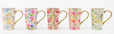 China Floral Gold Monogram Initial Ceramic Mugs with Golden Handle for sale