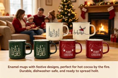 China Christmas Festive Enamel Style Ceramic Mugs Set for sale