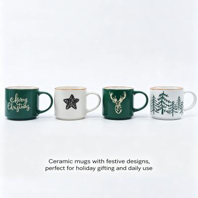 China Christmas Embossed Reindeer & Tree Ceramic Mug Set of 4 for sale