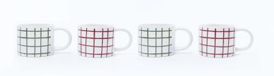 China Hand Drawn Red & Green Grid Plaid Ceramic Coffee Mugs, Minimalist Farmhouse Striped Tea Cups for sale