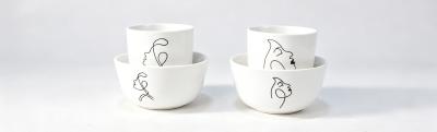 China Minimalist Line Art Ceramic Bowl & Cup Nesting Set for sale