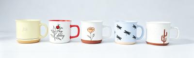 China Whimsical Nature Line Art Two-Tone Speckled Ceramic Coffee Mugs, Inspirational Botanical & Wildlife Themed Short Drinking Cups for sale