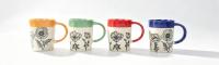 China Two-Tone Color Block Speckled Ceramic Mugs, Vintage Black Line Art Wildflower Contrast Rim Coffee Cup Set for sale
