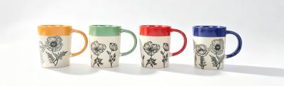 China Two-Tone Color Block Speckled Ceramic Mugs, Vintage Black Line Art Wildflower Contrast Rim Coffee Cup Set for sale