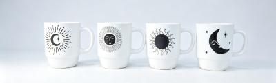 China Celestial Sun & Moon Face Graphic White Ceramic Mug Set, Boho Mystical Astrology Stackable Base Coffee Cups for sale