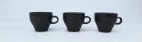 China Matte Black Embossed BEANZ Cafe Ceramic Coffee Mugs, Curved Wide Body Minimalist Café Style Mug Set for sale