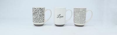 China Speckled Off-White Geometric & Love Script Ceramic Mug Set, Two-Tone Grey Base Minimalist Neutral Coffee Cups for sale