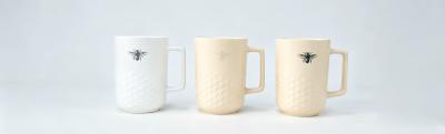 China 3D Embossed Honeycomb Bee Themed Ceramic Mug Set, Square Handle Neutral Cream White Rustic Farmhouse Coffee Cups for sale
