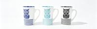 China White Base Color-Matched Rim Owl Graphic Coffee Mug Set, Boho Tribal Chevron Bottom Decor Ceramic Mugs for sale