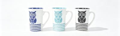 China White Base Color-Matched Rim Owl Graphic Coffee Mug Set, Boho Tribal Chevron Bottom Decor Ceramic Mugs for sale