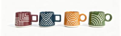 China Mid-Century Geo Unique Handle Short Barrel Ceramic Mug Set for sale