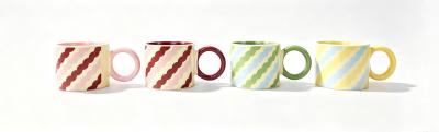 China Pastel Diagonal Wavy Stripe Big Round Handle Short Ceramic Mug Set for sale