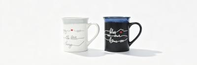 China Two-Tone Speckled Cursive Home Quote Ceramic Mug Pair Set for sale