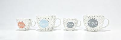 China Polka Dot Inspirational Quote Ceramic Mugs, Hello Happy Dream Porcelain Coffee Cups in 2 Sizes for sale