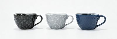 China Multi-Style Geometric Emboss Porcelain Breakfast Mugs, Colorful Wide Mouth Latte Tea Cups Collection for sale