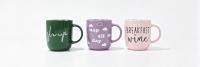 China Cute Slogan Printed Wide Belly Ceramic Coffee Mugs, 3-Pack Assorted Color Fun Quote Tea Cups Set for sale