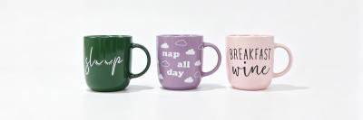 China Cute Slogan Printed Wide Belly Ceramic Coffee Mugs, 3-Pack Assorted Color Fun Quote Tea Cups Set for sale