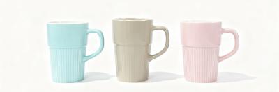 China Two-Tier Vertical Fluted Stackable Ceramic Mugs, Pastel Ridged Tall Coffee Cups for sale