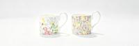 China Watercolor Floral Bone China Mugs Set of 2, Wild Flower & Tulip Printed White Ceramic Coffee Cups with Curved Handle for sale