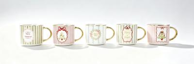 China Vintage Striped Christmas Ceramic Mugs with Gold Trim, Set of 5 for sale