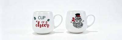 China Rounded Belly White Christmas Script Ceramic Mugs, 2-Style Set for sale