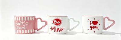 China Valentine’s Heart Handle Short Ceramic Mugs 3 Styles Gift Set for sale