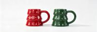 China 3D Christmas Tree Shaped Ceramic Mugs Set of 2, Red & Green Snowflake Embossed Holiday Coffee Cups with Large Handle for sale