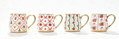 China 4 Pack Vintage Red Bow Christmas Bone China Mugs, Luxury Gold Rim Handle Festive Floral Pattern Holiday Coffee Cups Set for sale