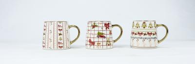 China 3 Pack Vintage Farm Duck Christmas Ceramic Mugs, Grid Bow Red Car Xmas Cups with Gold Rim & Gold Handle Holiday Drinkware Set for sale