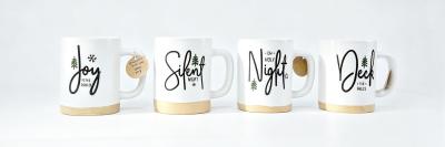 China 4 Pack Rustic Bottom Clay Christmas Mugs, Farmhouse Script Holiday Coffee Mugs Joy Silent Night Deck The Halls Ceramic Cups for sale
