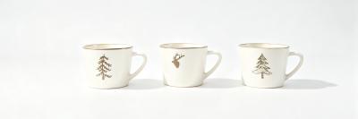 China Set of 3 Woodland Christmas Mugs, Vintage Brown Rim Forest Pine Tree Deer Ceramic Coffee Mugs Rustic Farmhouse Holiday Cups for sale