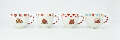 China Set of 4 Candy Cane Handle Gingerbread House Ceramic Mugs, Assorted Festive Holiday Gingerbread Coffee Cups for Christmas Gift for sale