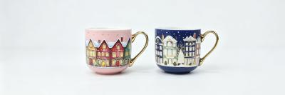 China Set of 2 Christmas Village Street Scene Mugs, Pink & Navy Winter Town Ceramic Coffee Cups with Gold Handle, Luxury Xmas Gift Mugs for sale