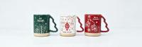 China Set of 3 Christmas Mugs with Tree Shaped Handles, Red Green White Holiday Gift Mugs, Happy Holidays New Year Ceramic Coffee Cups for sale