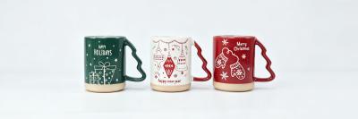 China Set of 3 Christmas Mugs with Tree Shaped Handles, Red Green White Holiday Gift Mugs, Happy Holidays New Year Ceramic Coffee Cups for sale