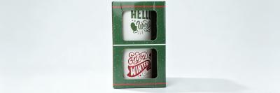 China 2 Pack Hello Winter & Enjoy Winter Ceramic Coffee Mugs Gift Box, Christmas Winter Holiday Couple Mug Set with Green Gift Packaging for sale
