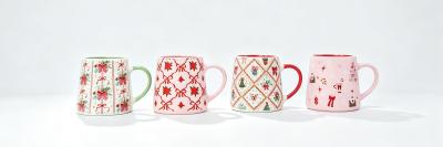 China 4 Pack Soft Pink Red Bow Christmas Mugs, Pastel Floral Diamond Pattern Ceramic Coffee Cups Holiday Gift Set Full Product Description for sale