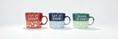 China 3 Pack Two-Tone Winter Ceramic Mugs, Cup of Cheer, Let It Snow, Warm & Cozy Floral Coffee Cups Christmas Gift Set for sale