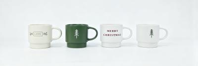 China 4 Pack Minimalist Stackable Christmas Pine Tree Ceramic Mugs, Neutral Farmhouse Merry Christmas Love Holiday Coffee Cups, Simple Winter Forest Drinkware Gift Set for sale