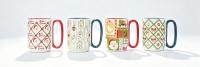 China 4 Pack Vintage Patchwork Christmas Mugs, Retro Santa Holiday Ceramic Coffee Cups, Classic Farmhouse Xmas Drinkware with Red & Navy Handles for sale