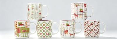 China 6 Pack Vintage Farmhouse Christmas Ceramic Mugs, Retro Santa Truck Dachshund Holiday Coffee Cups, Red Interior Xmas Drinkware Set for sale