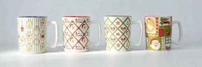 China 4 Pack Vintage Farmhouse Christmas Ceramic Mugs, Retro Santa Goose Dachshund Holiday Coffee Cups, Multi Rim Color Xmas Drinkware Gift Set for sale