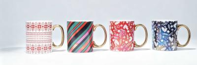 China 4 Pack Festive Christmas Ceramic Mugs with Gold Handles, Xmas Sweater Stripe Snowflake Star Winter Coffee Cup Gift Set for sale