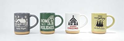 China 4 Pack Matte Christmas House Ceramic Mugs, Rustic Clay Bottom Winter Cabin Coffee Cups, Farmhouse Holiday Home Themed Drinkware Gift Set for sale