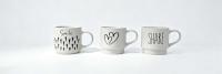 China 3 Pack Off White Stackable Ceramic Coffee Mugs, Simple Black Line Drawing Smile Heart Share Inspirational Quote Cups, Neutral Minimalist Gift Drinkware for sale