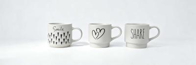 China 3 Pack Off White Stackable Ceramic Coffee Mugs, Simple Black Line Drawing Smile Heart Share Inspirational Quote Cups, Neutral Minimalist Gift Drinkware for sale