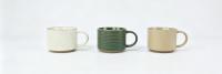 China 3 Pack Embossed Textured Short Wide Ceramic Coffee Mugs, Neutral Earth Tone Ribbed Diamond Dot Pattern Mugs, Wabi-Sabi Farmhouse Tea Cups with Raw Clay Base for sale